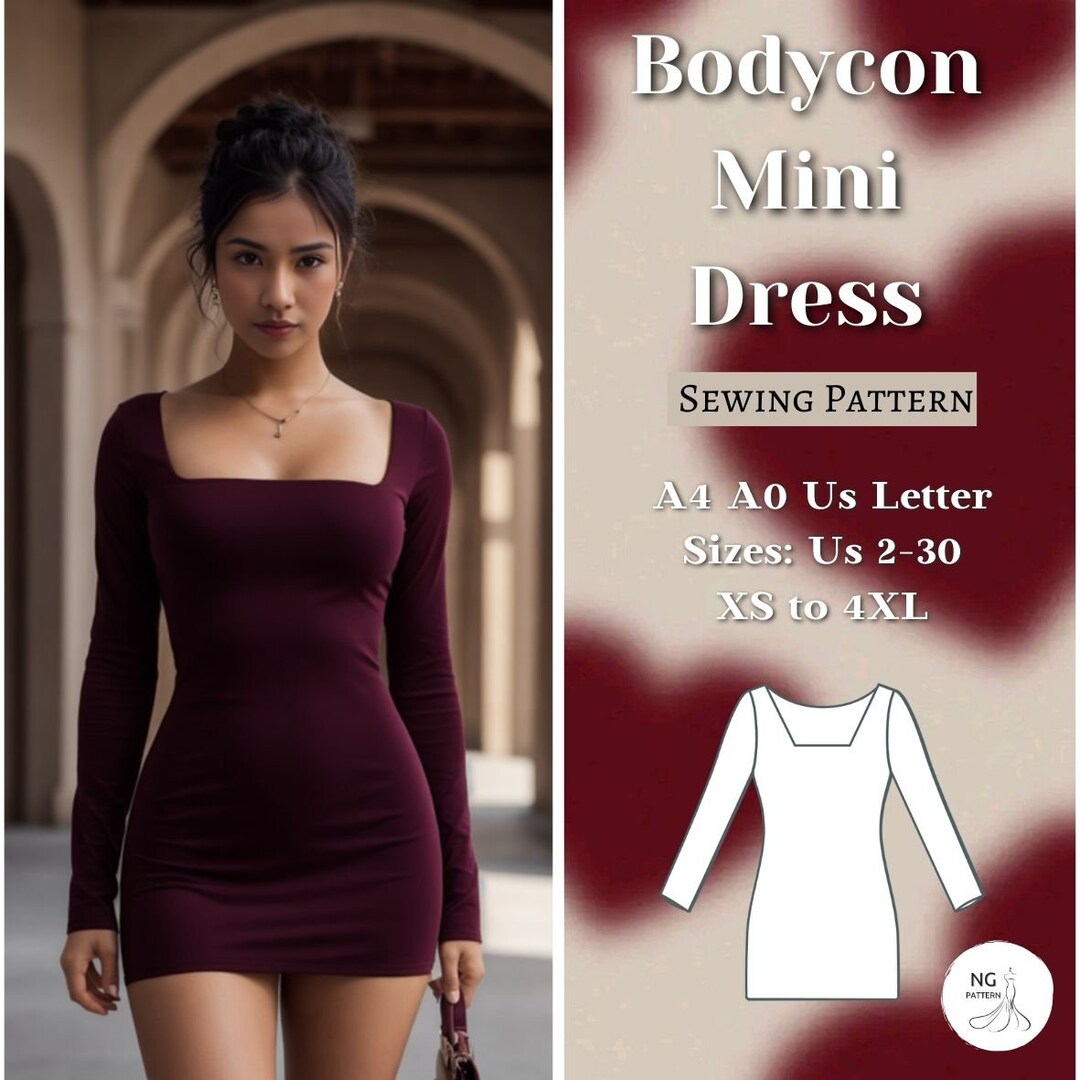 Bodycon Mini Dress Sewing Pattern, Ribbed Dress, Prom Dress, Stretch ...