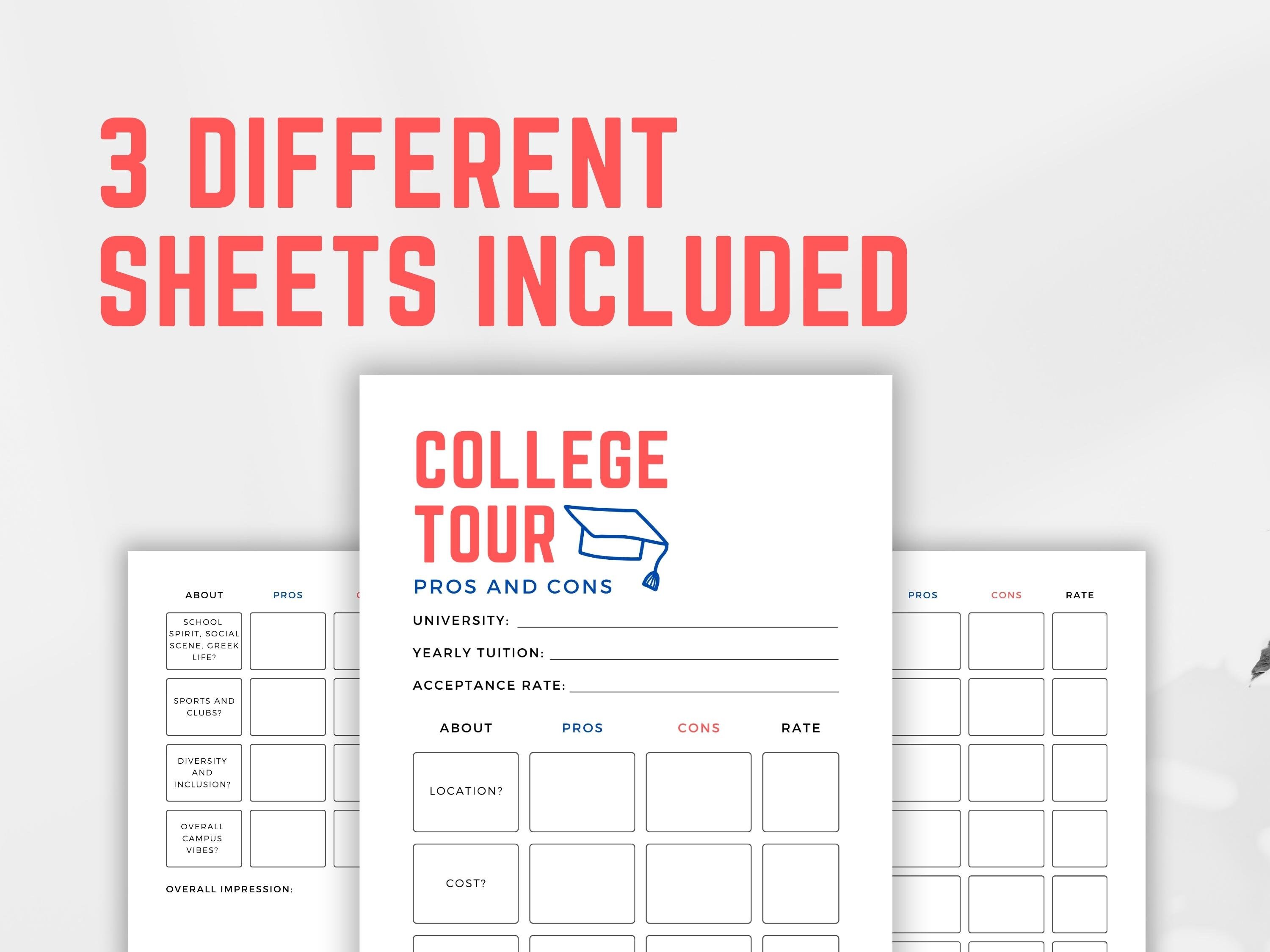 College Pros and Cons Worksheet | College Comparison | College Rating ...