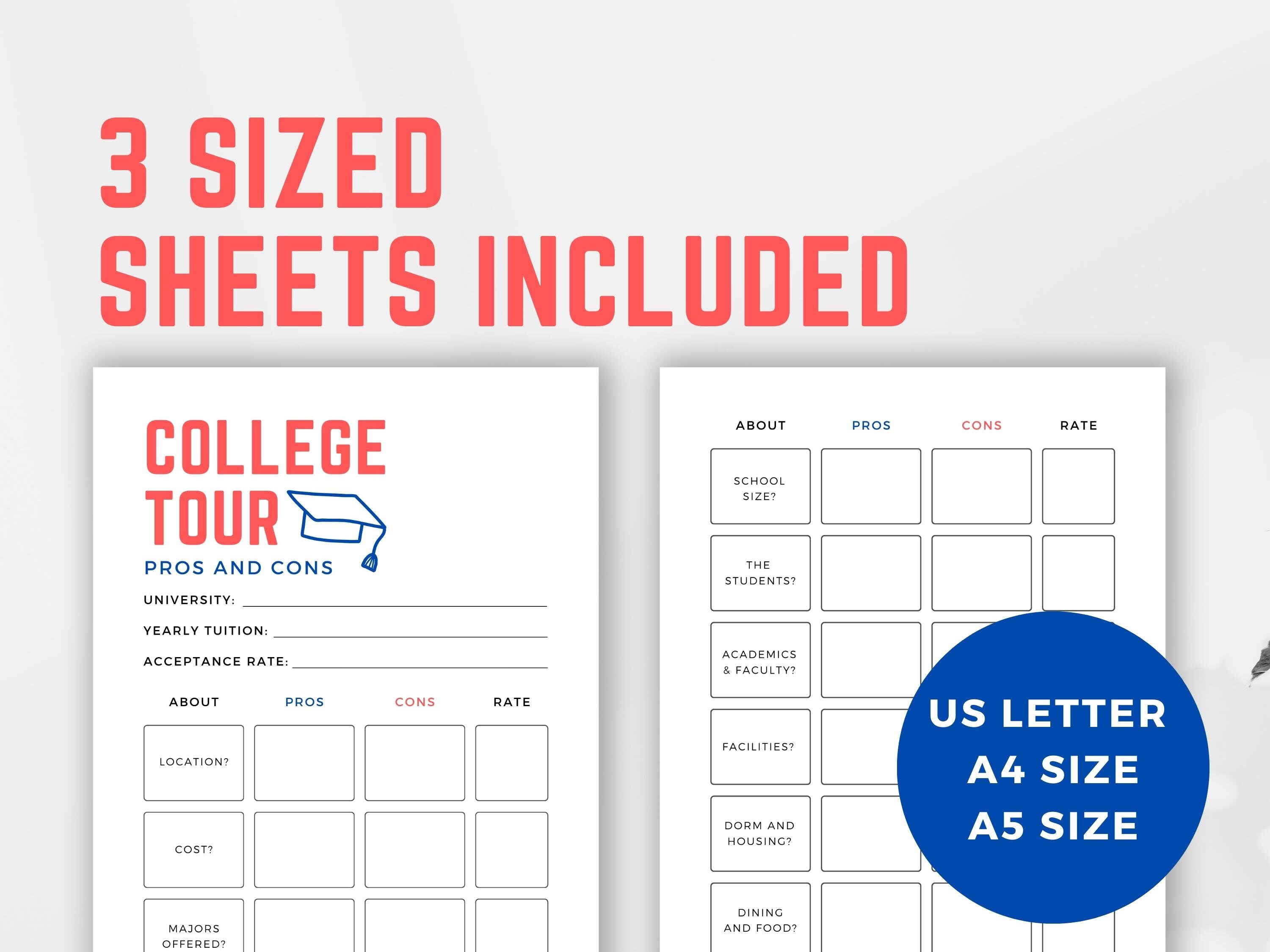 College Pros and Cons Worksheet | College Comparison | College Rating ...