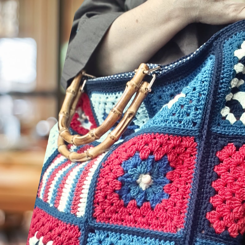 Vintage Style Bamboo-handle Crochet Tote Bag With. Blue Base, Elegant ...