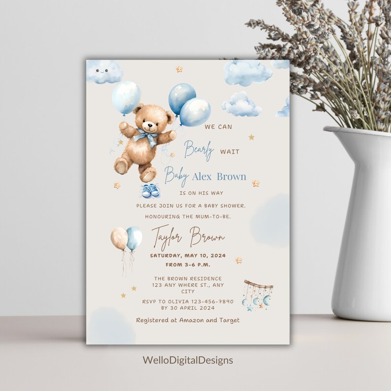 Blue Teddy Bear Baby Shower Invitation, Boho Balloon Theme (digital ...