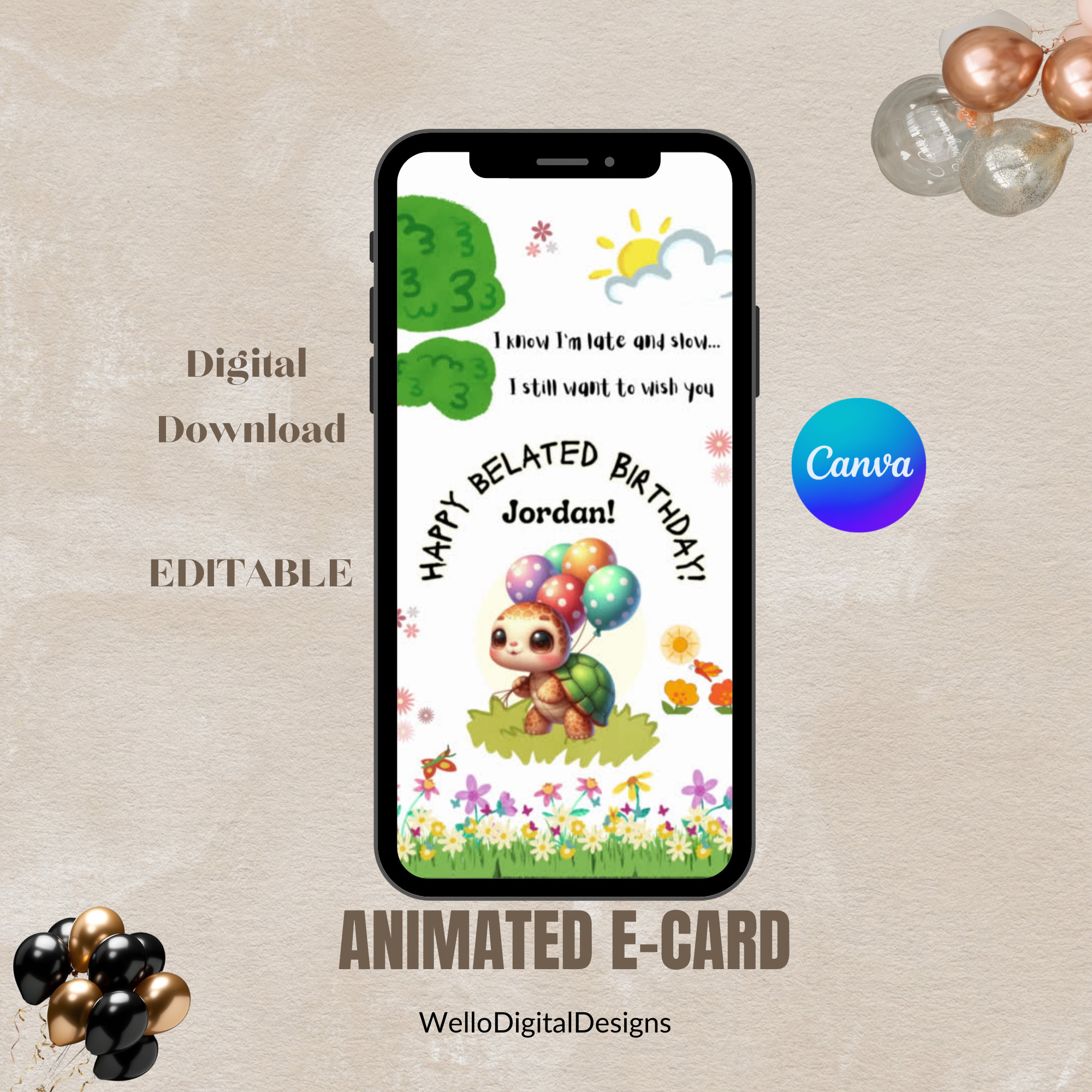 Editable Cute Turtle Animation Happy Belated Birthday Digital Card ...