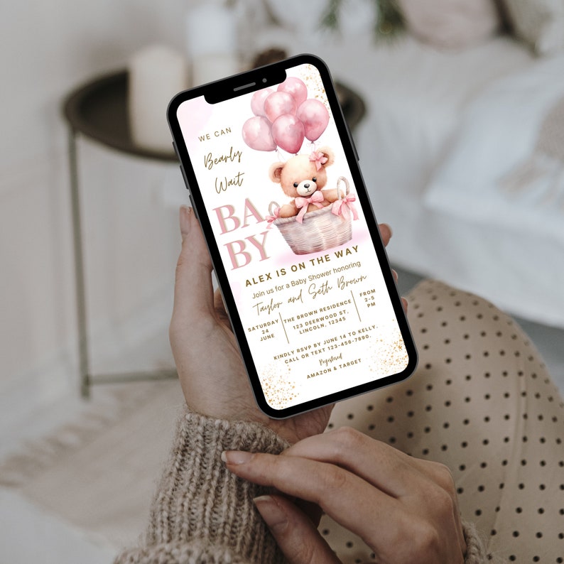 Pink Teddy Bear Baby Shower Mobile Invitation, 'we Can Bearly Wait ...