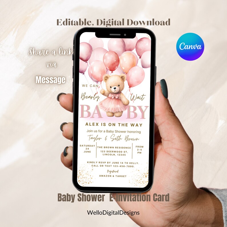 Bear Balloon Baby Shower Invitation, Editable We Can Bearly Wait Shower ...
