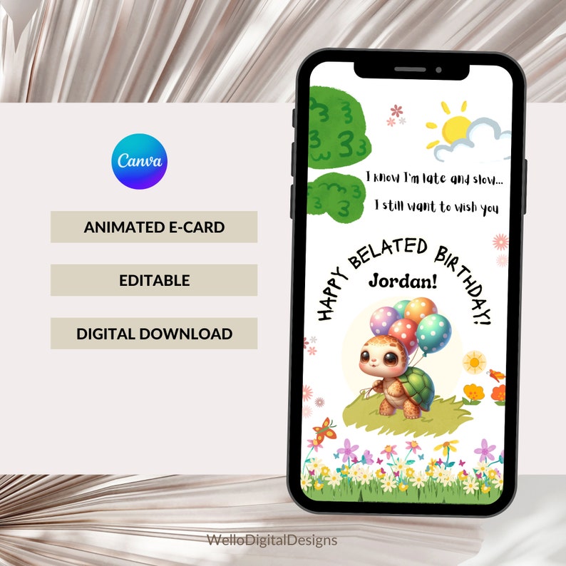 Editable Cute Turtle Animation Happy Belated Birthday Digital Card ...