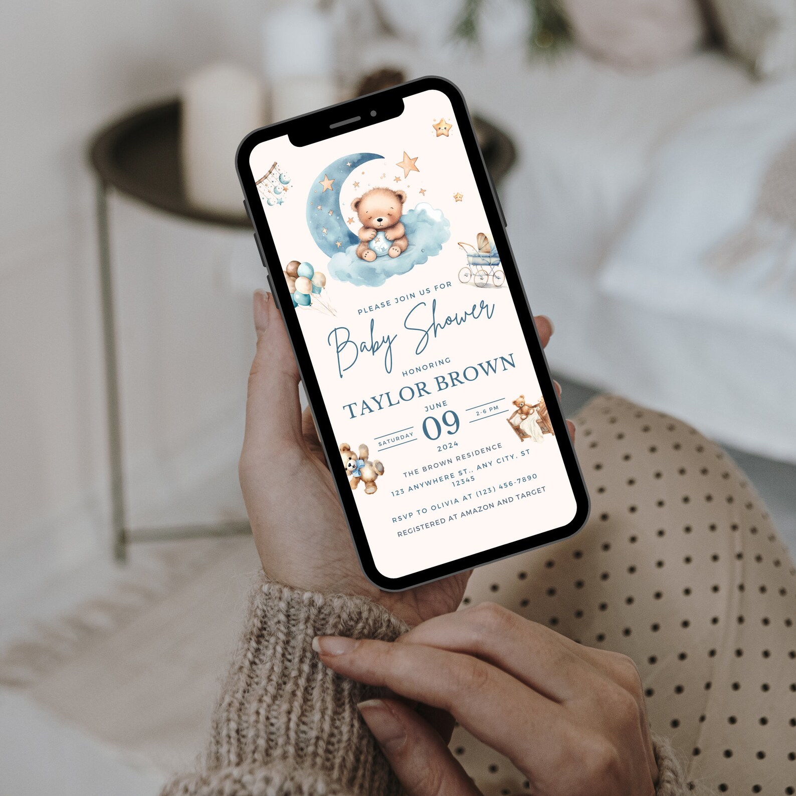 Teddy Bear Baby Shower Invitation, Sleepy Bear on Cloud (digital ...
