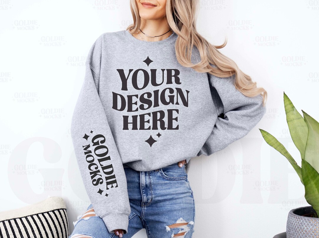 Gildan 18000 Sport Grey Sweatshirt Sleeve Mockup G180 Grey Crewneck ...