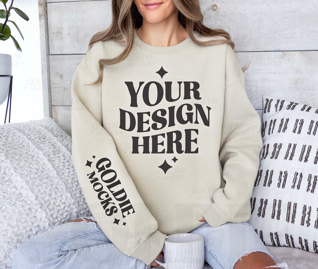 Gildan 18000 Sand Sweatshirt Sleeve Mockup G180 Sand Crewneck Sleeve ...