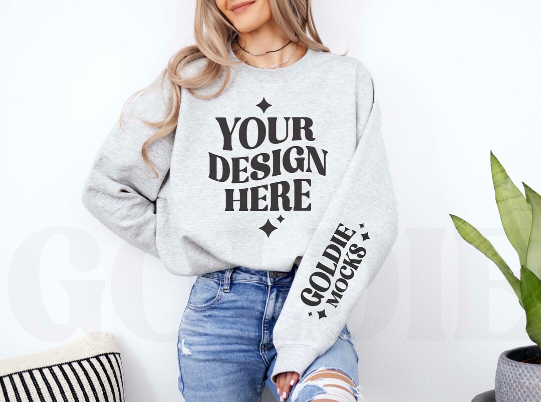 Gildan 18000 Ash Sweatshirt Sleeve Mockup G180 Light Grey Crewneck ...