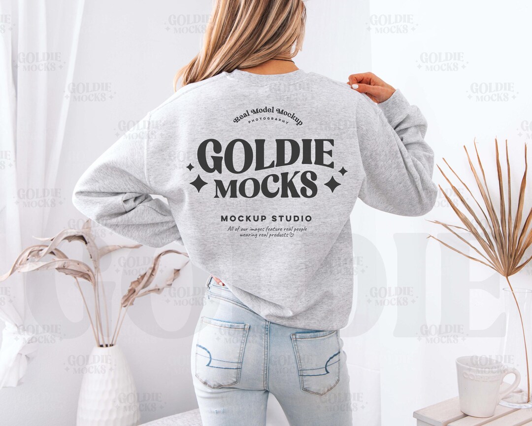 Gildan 18000 Ash Sweatshirt Back Mockup | Back View G180 Ash Crewneck ...