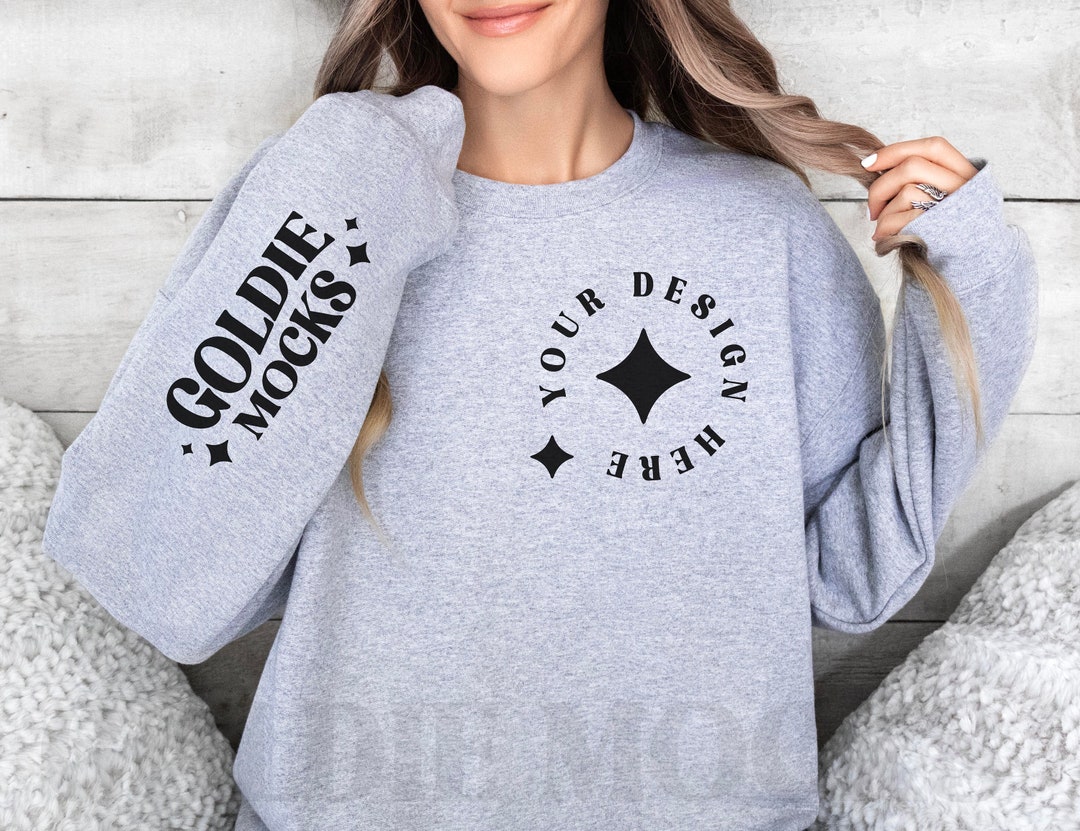 Gildan 18000 Sport Grey Sweatshirt Sleeve Mockup | G180 Grey Crewneck ...