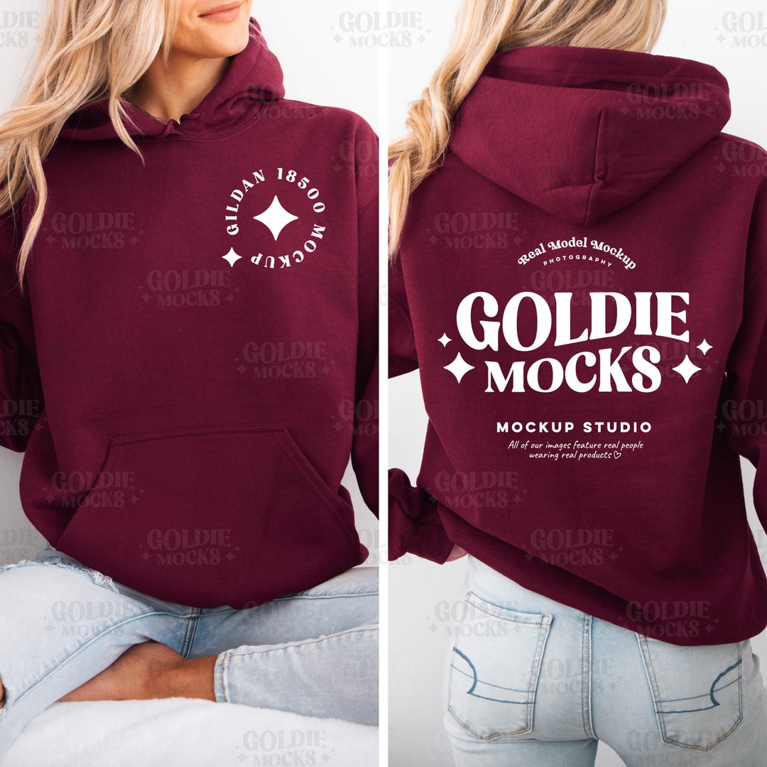 Gildan 18500 Maroon Hoodie Front & Back Mockup | G185 Maroon Hooded ...