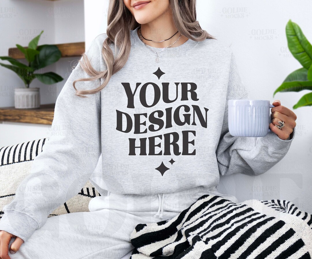 Gildan 18000 Ash Sweatshirt Mockup G180 Grey Crewneck Mockup Real Model ...