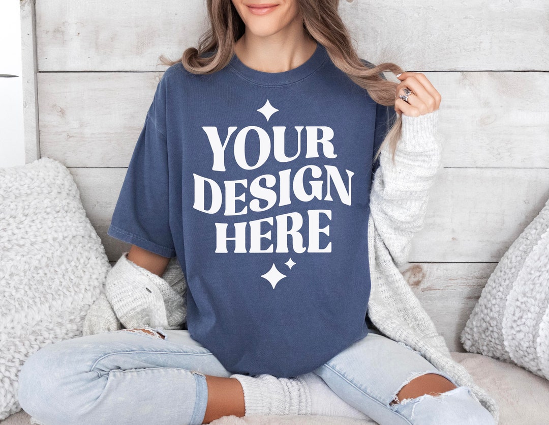 Comfort Colors C1717 Denim Shirt Mockup | Navy T-shirt Mockup | Model ...