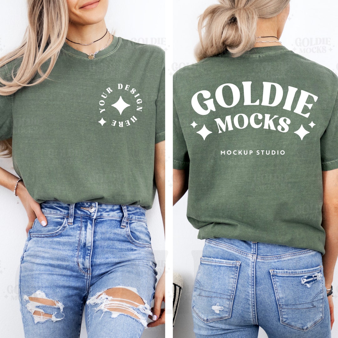 Comfort Colors C1717 Moss Shirt Front & Back Mockup | 1717 Moss Green T-shirt Front Back Split ...