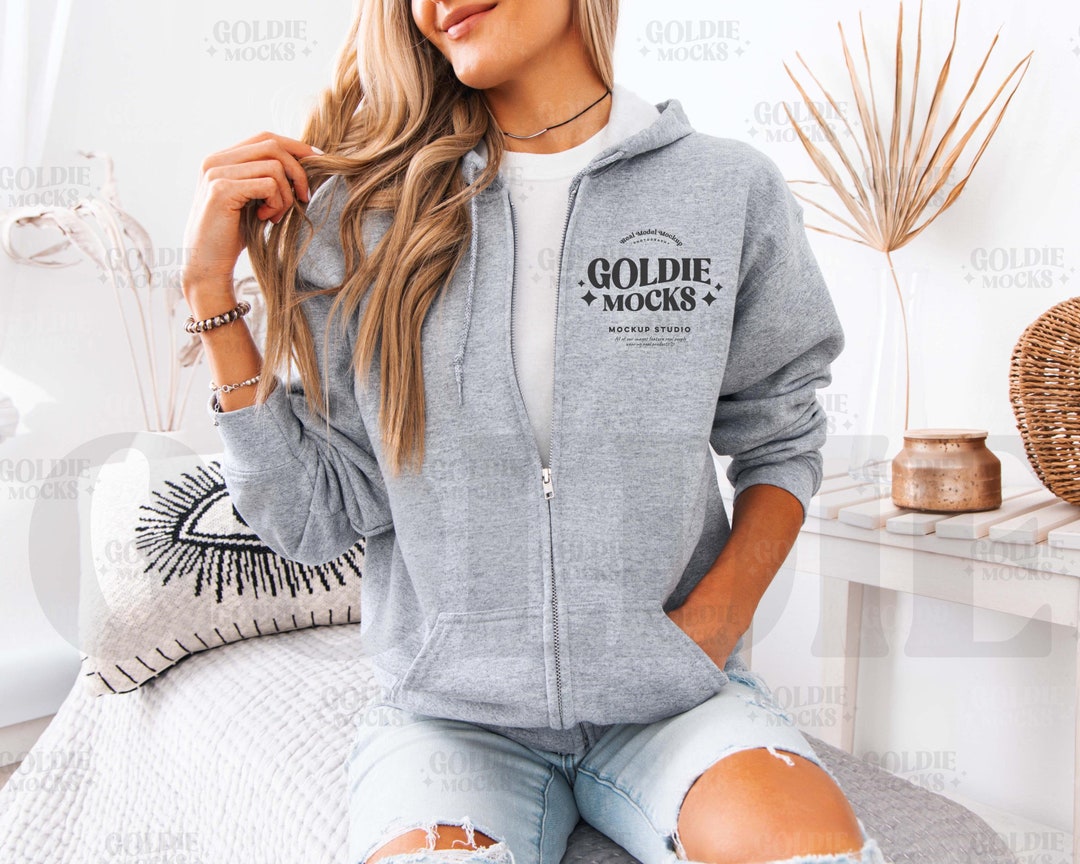 Gildan 18600 Sport Grey Full-zip Hoodie Mockup | G186 Sport Grey Zip up ...