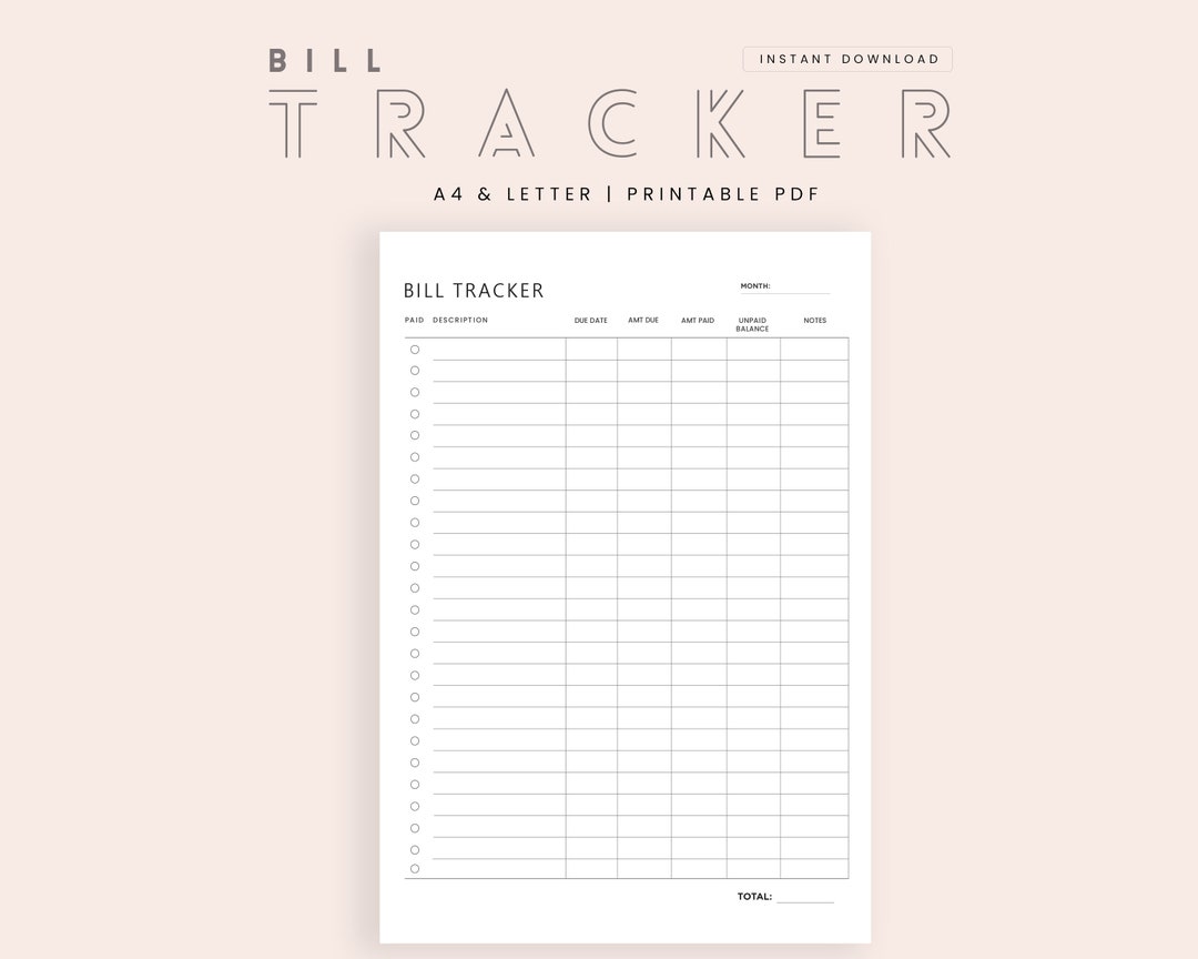 Printable Bill Tracker Finance Organizer Due Date, Amount, Notes A4 ...