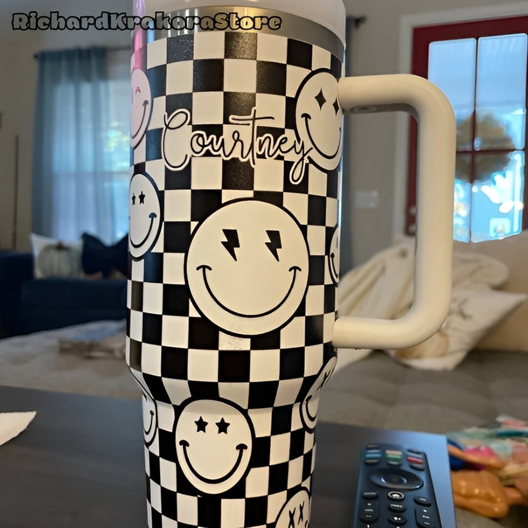 Checkered Smiley Face Tumbler 40oz With Handle Smiley - Etsy