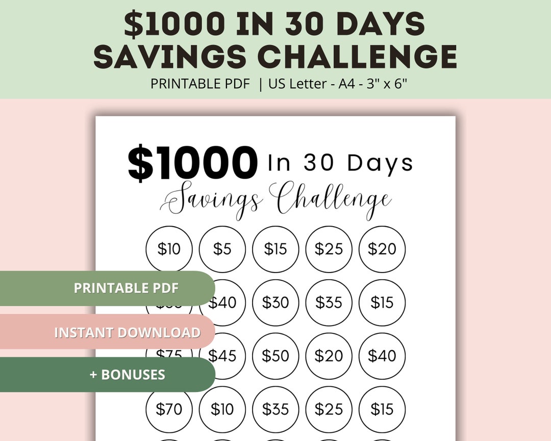 1000 in 30 Days Savings Challenge | Money Saving Challenge Printable ...
