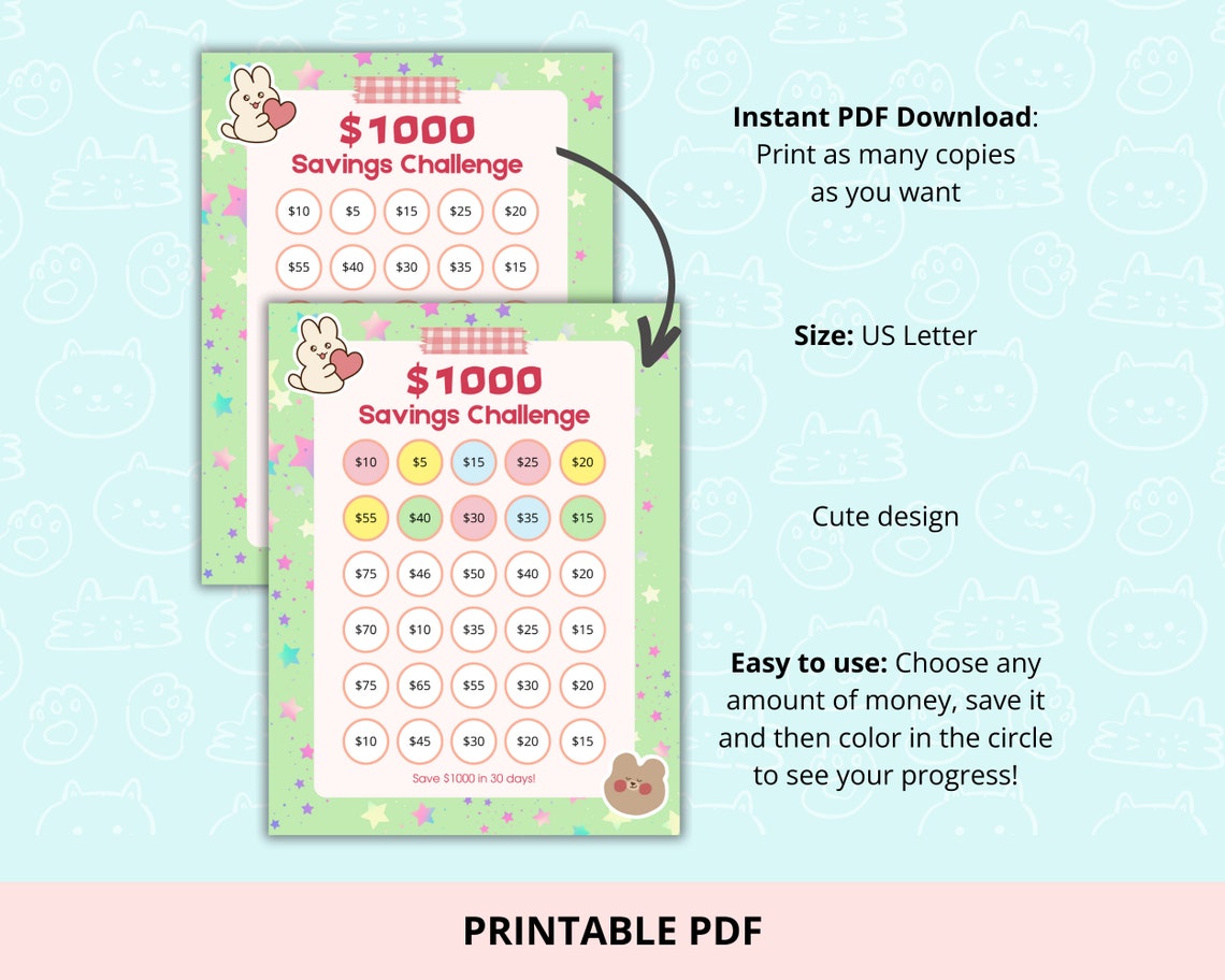 1000 Savings Challenge Printable Money Saving Challenge 1K 30 Days ...