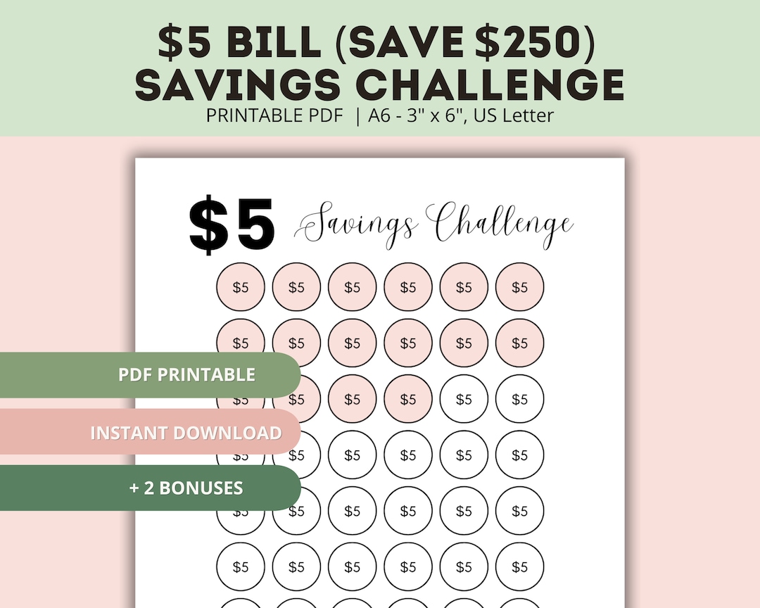 5 Dollar Bill Challenge Printable Savings Challenge A6 Savings Tracker ...