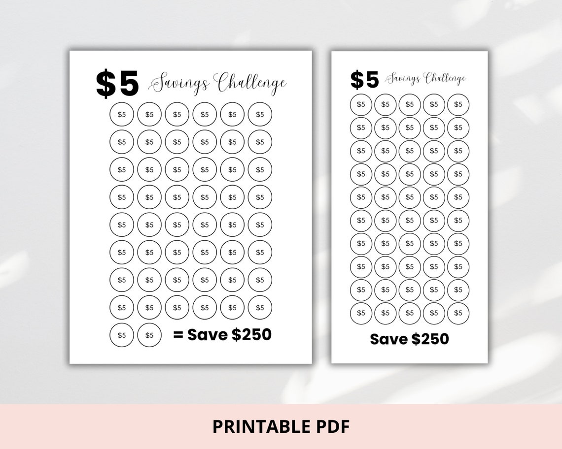 5 Dollar Bill Challenge Printable Savings Challenge A6 Savings Tracker ...