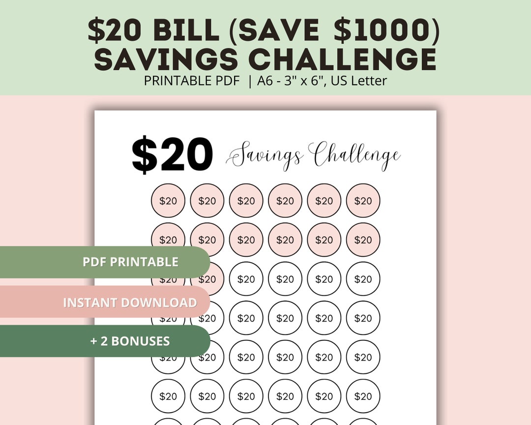 20 Dollar Bill Challenge Printable Savings Challenge A6 Savings Tracker ...