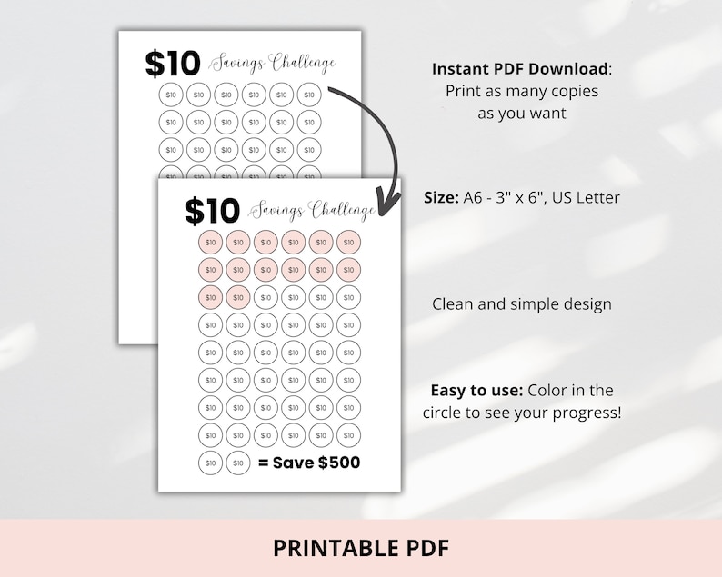 10 Dollar Bill Challenge Printable Savings Challenge A6 Savings Tracker ...