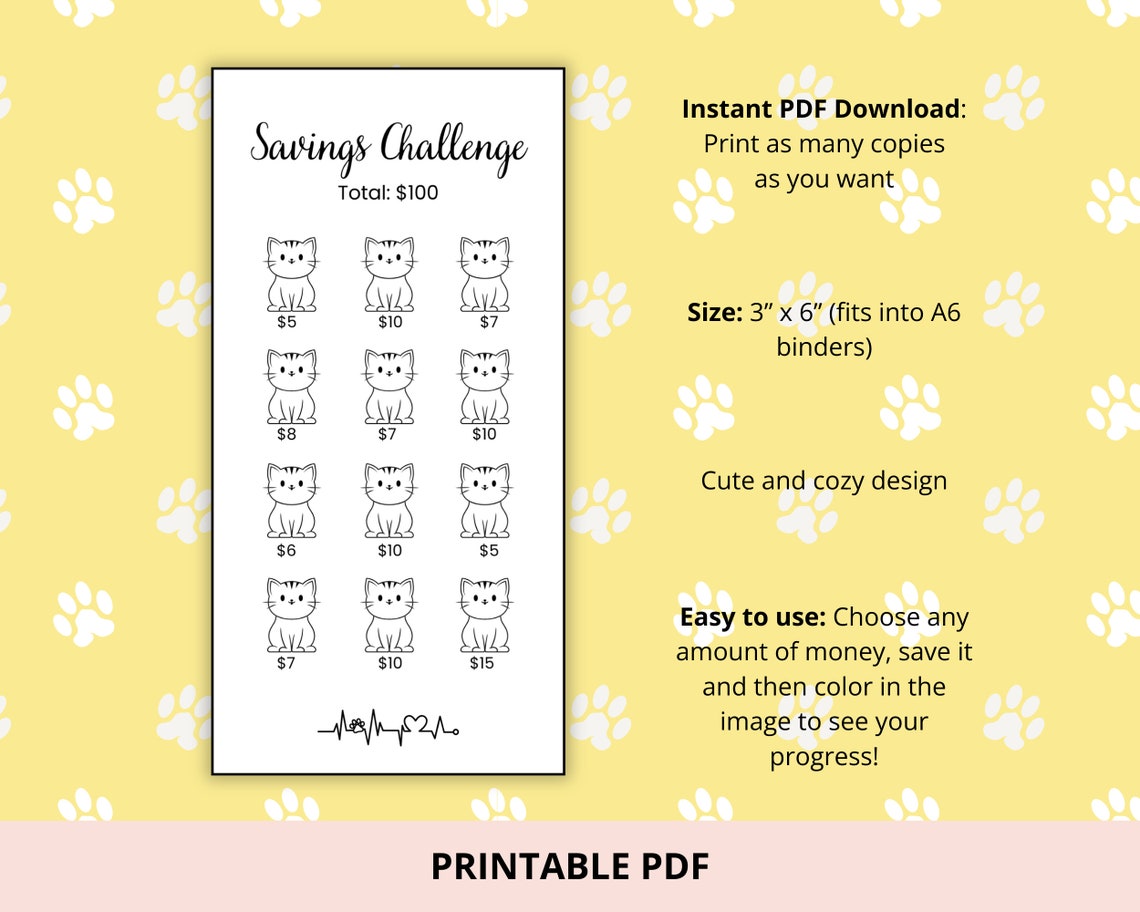 Cute Cats Savings Challenge Printable A6 Money Saving Challenge ...