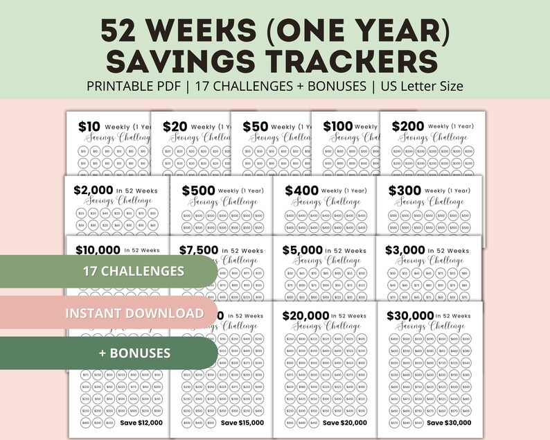 Savings Challenge Printable Bundle 52 Weeks, Money Saving Challenge ...