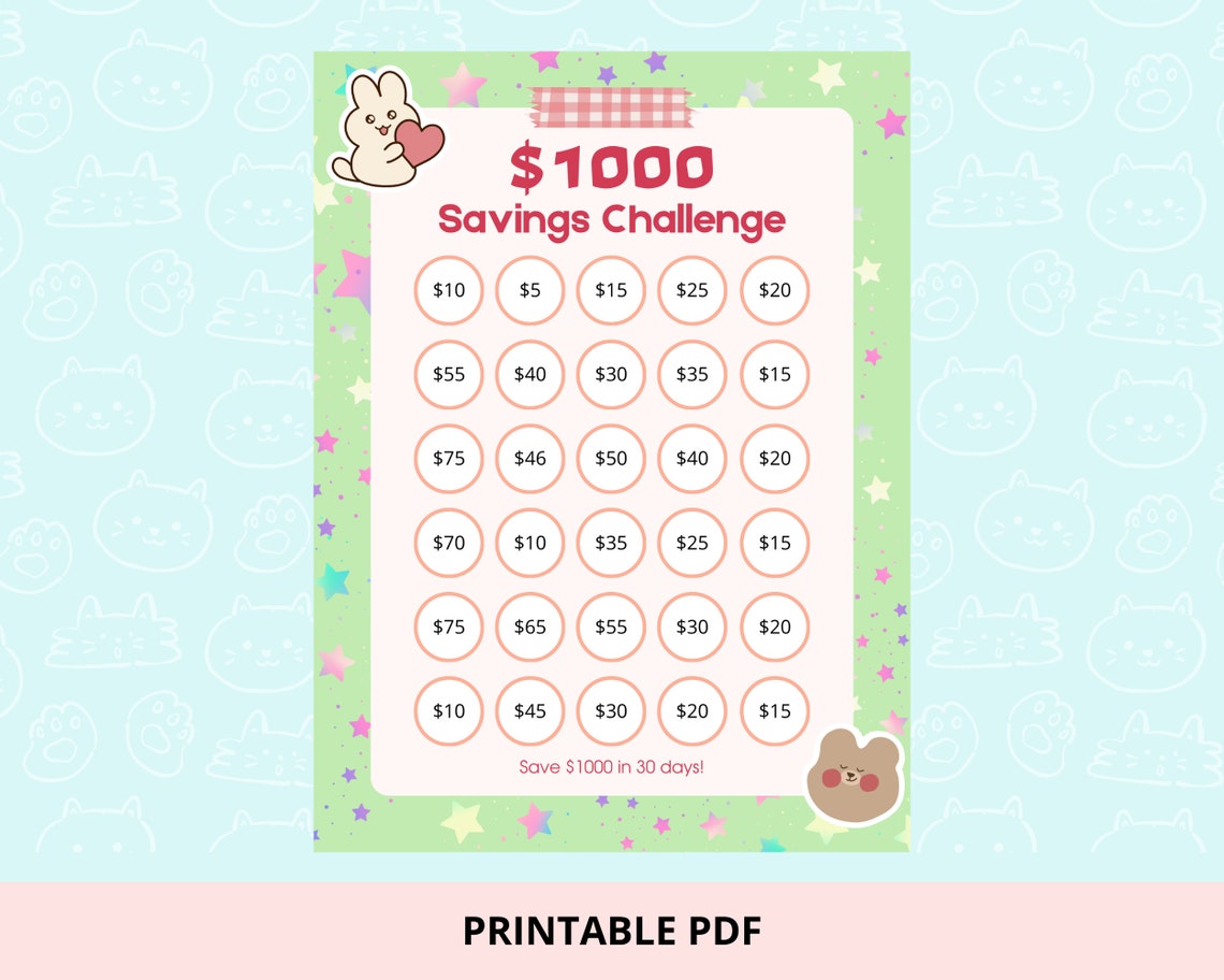1000 Savings Challenge Printable Money Saving Challenge 1K 30 Days ...