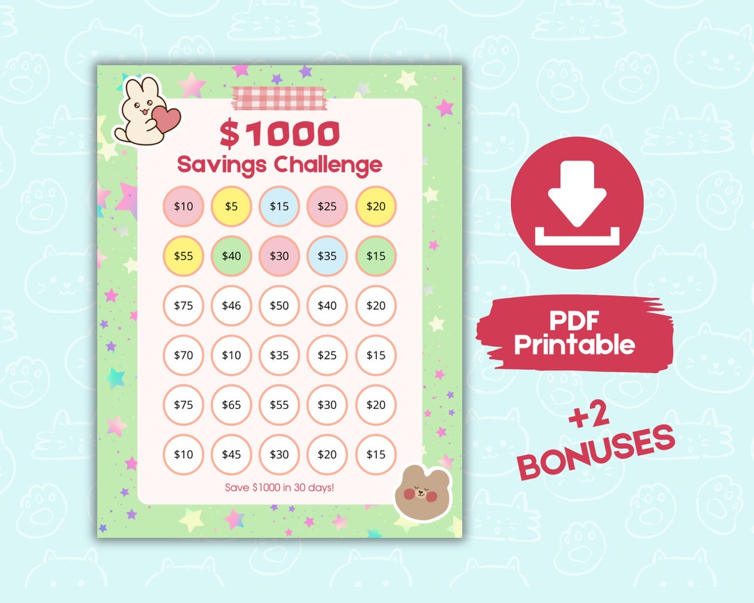 1000 Savings Challenge Printable Money Saving Challenge 1K 30 Days ...