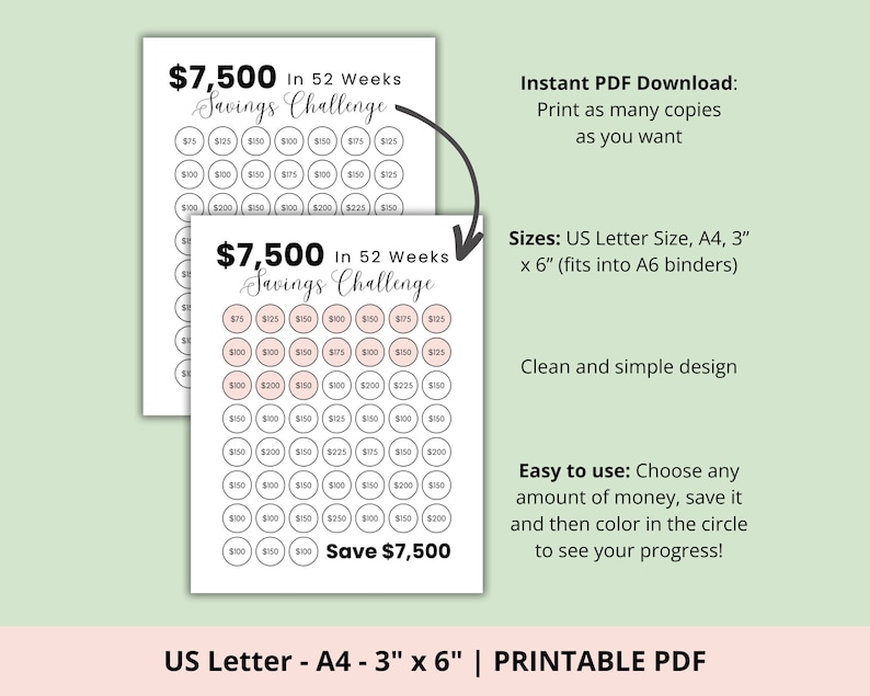 7,500 Savings Challenge Printable | 7500 Savings Challenge in a Year ...