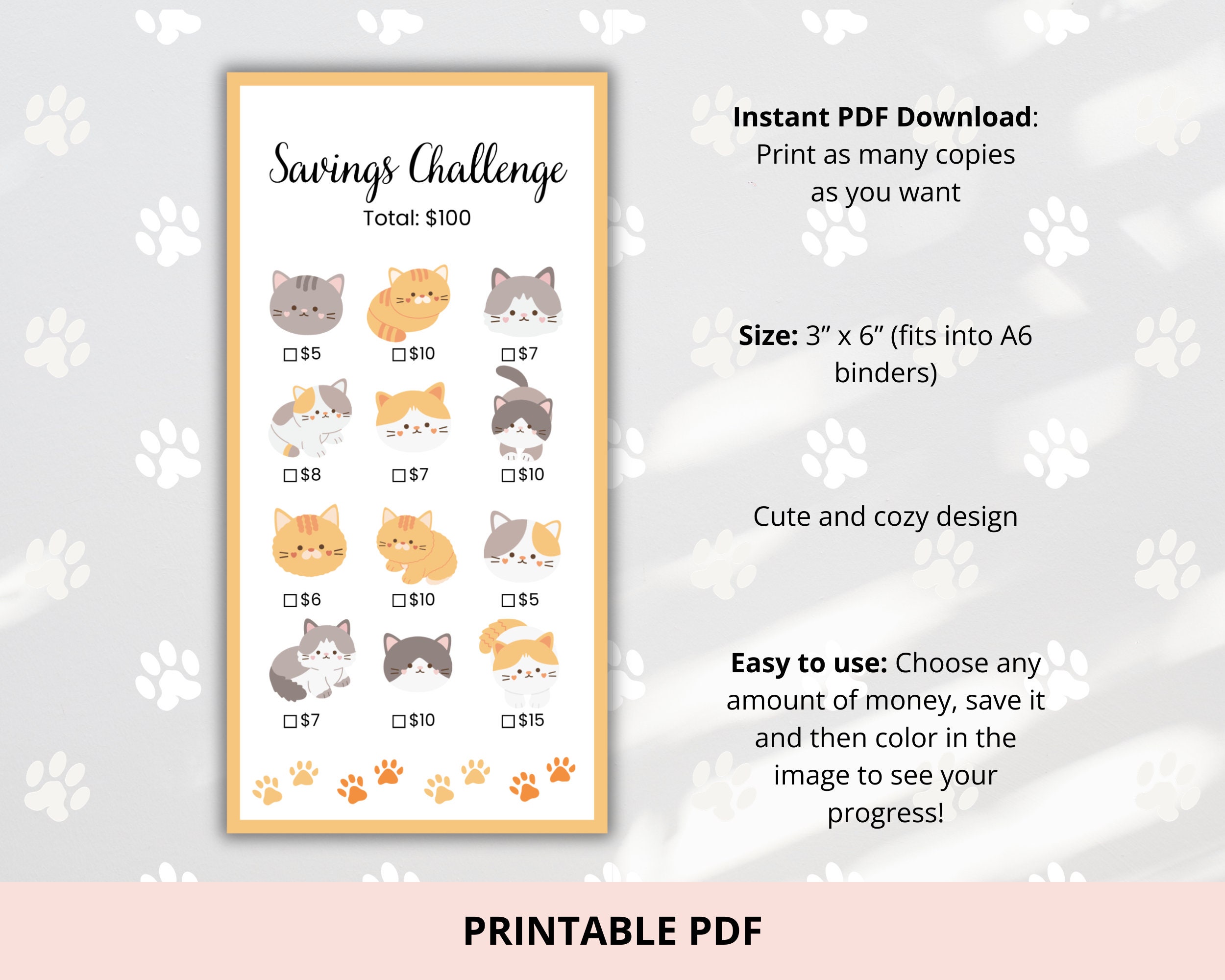 Cute Cats Savings Challenge Printable A6 Money Saving Challenge ...