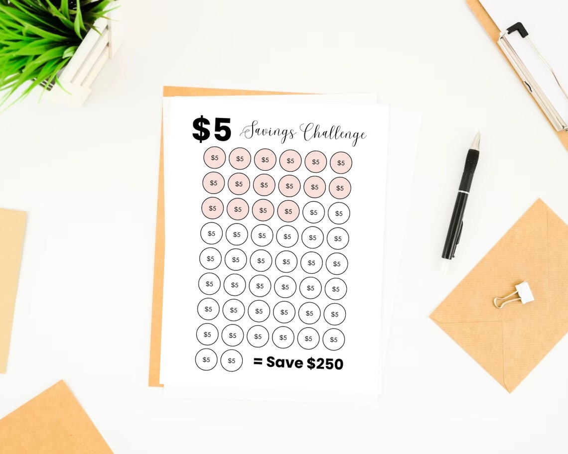 5 Dollar Bill Challenge Printable Savings Challenge A6 Savings Tracker ...