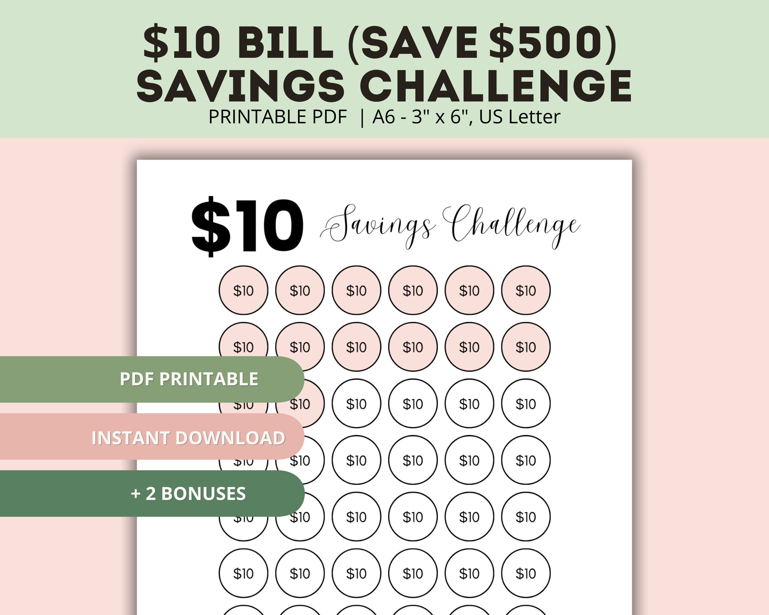10 Dollar Bill Challenge Printable Savings Challenge A6 Savings Tracker ...