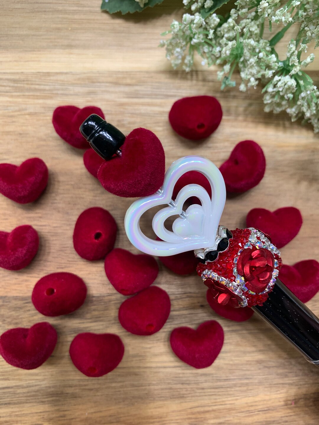 Flocked Dark Red Hearts Beads Heart Beads Fuzzy Heart Beads Valentine ...