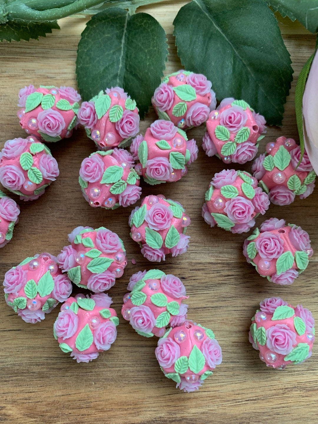 Bubble Gum Rose Beads Flower Beads Handmade Beads Pink Beads Pink Rose ...