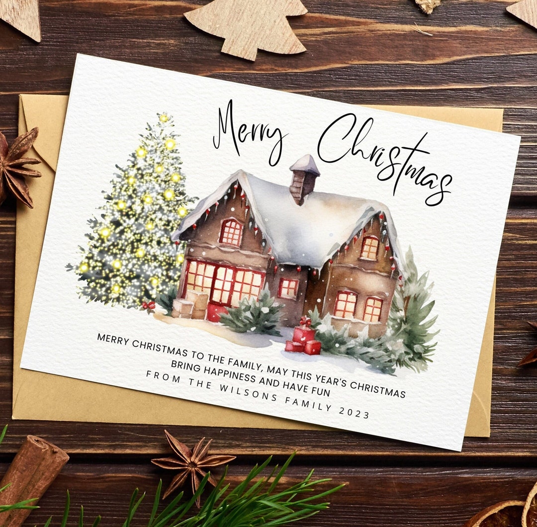 Christmas Card, Personalized Christmas Card Watercolor, Christmas Tree ...