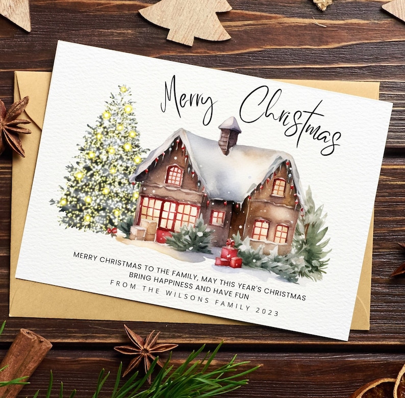 Christmas Card, Personalized Christmas Card Watercolor, Christmas Tree ...