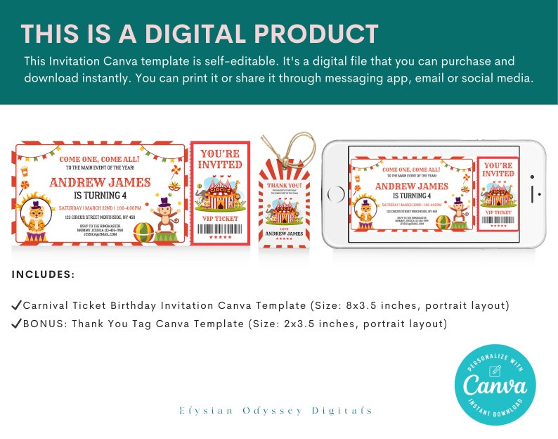 Carnival Ticket Birthday Invitation, Editable Circus Ticket Invitation ...