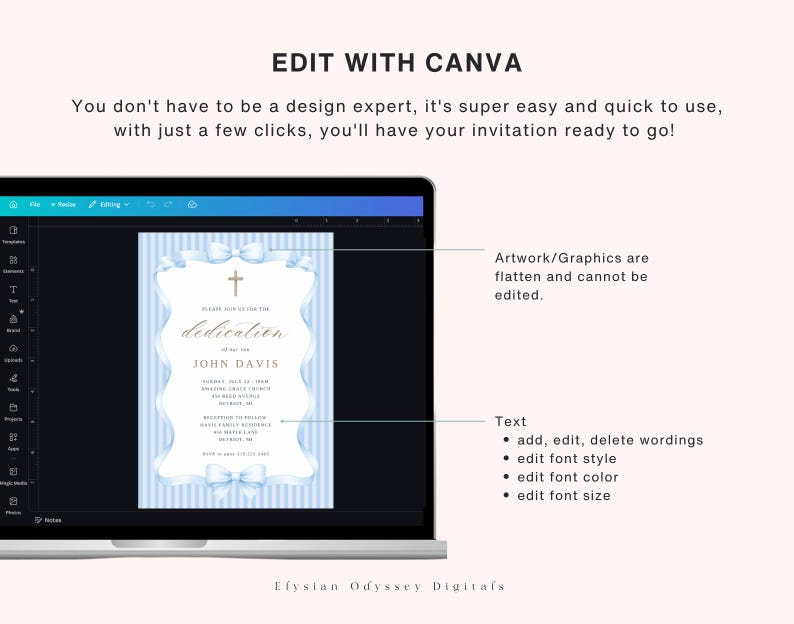 Baby Dedication Invitation Boy Canva Template Watercolor Blue Stripe ...