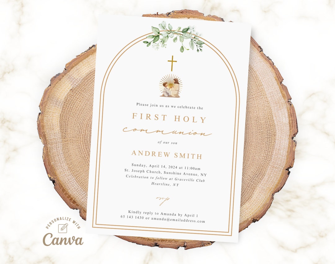 Boy First Holy Communion Invitation, Elegant Religious Design (canva ...