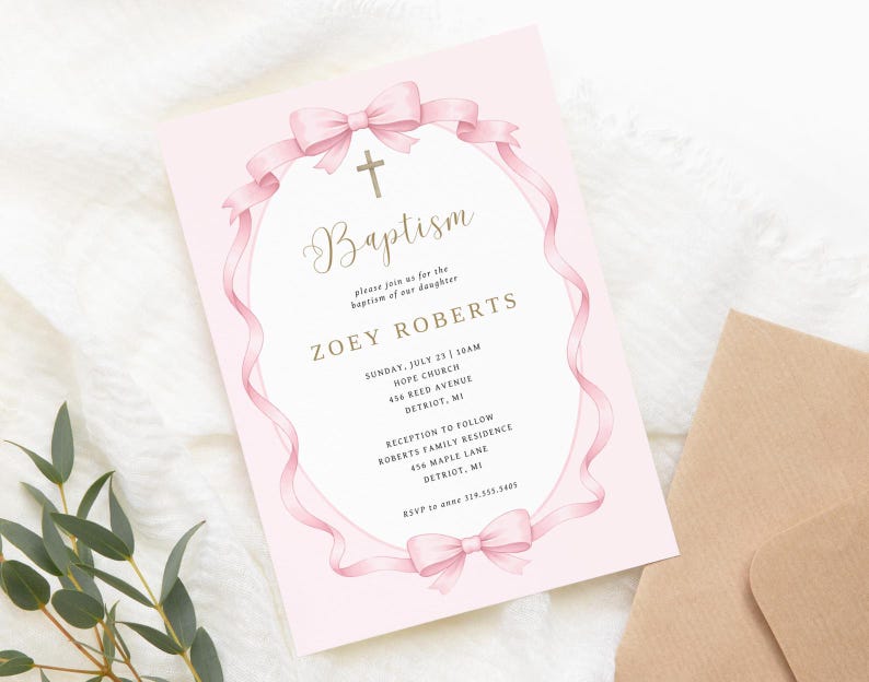 Baptism Invitation Girl Canva Template, Baby Girl Christening Invite ...
