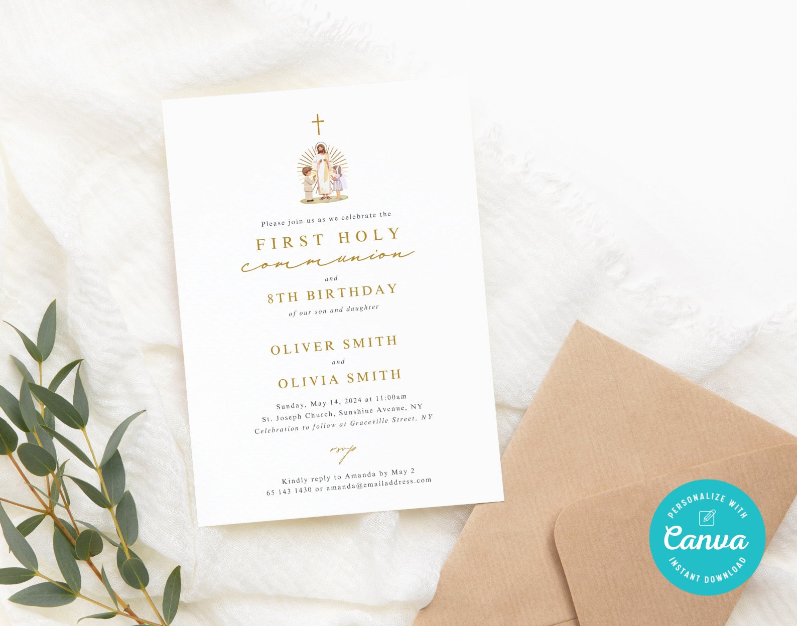 First Holy Communion and Birthday Invitation Canva Template, Instant ...
