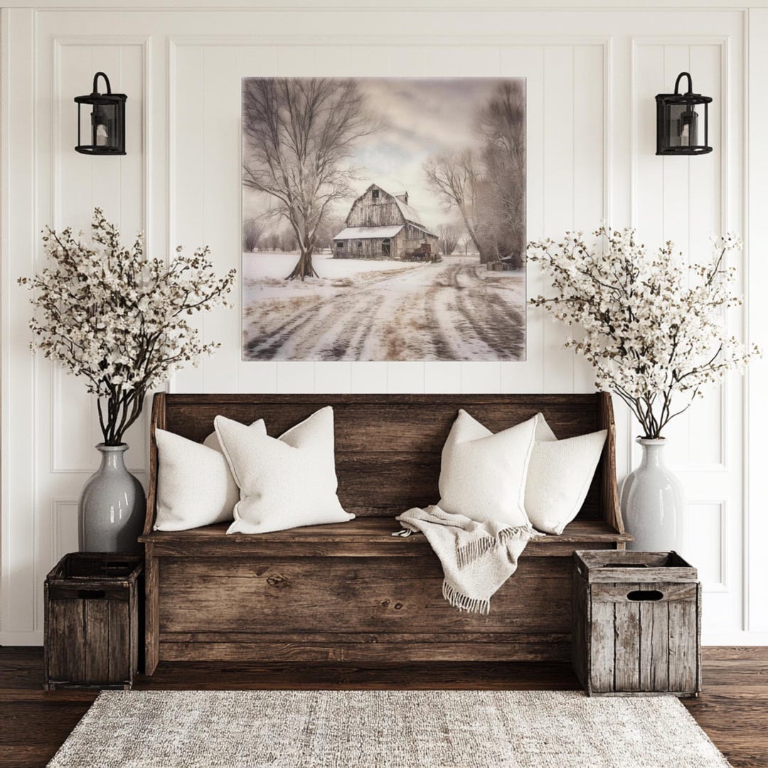 Farmhouse Wall Decor Wooden Frame Barn Print Winter Scene Rustic Style ...