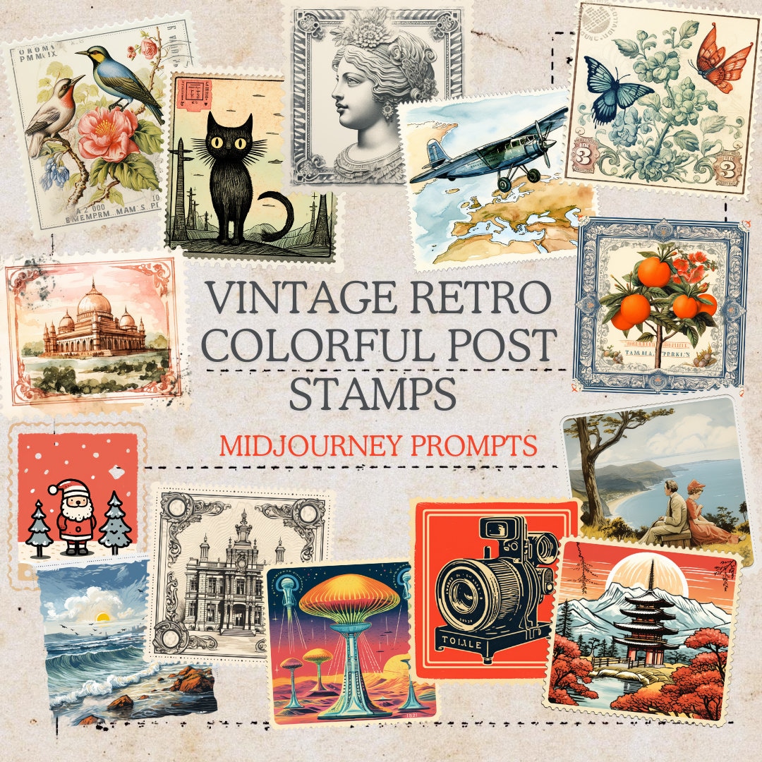 Midjourney Prompts for Stamps Cliparts AI Vintage Arts Postage Stamps ...