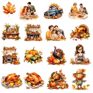 Thankful Fall Clipart Bundle, Thanksgiving PNG, Thanksgiving Watercolor ...