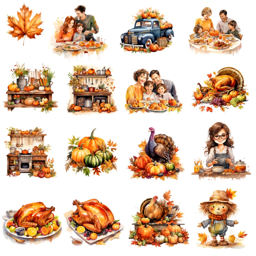 Thankful Fall Clipart Bundle, Thanksgiving PNG, Thanksgiving Watercolor ...