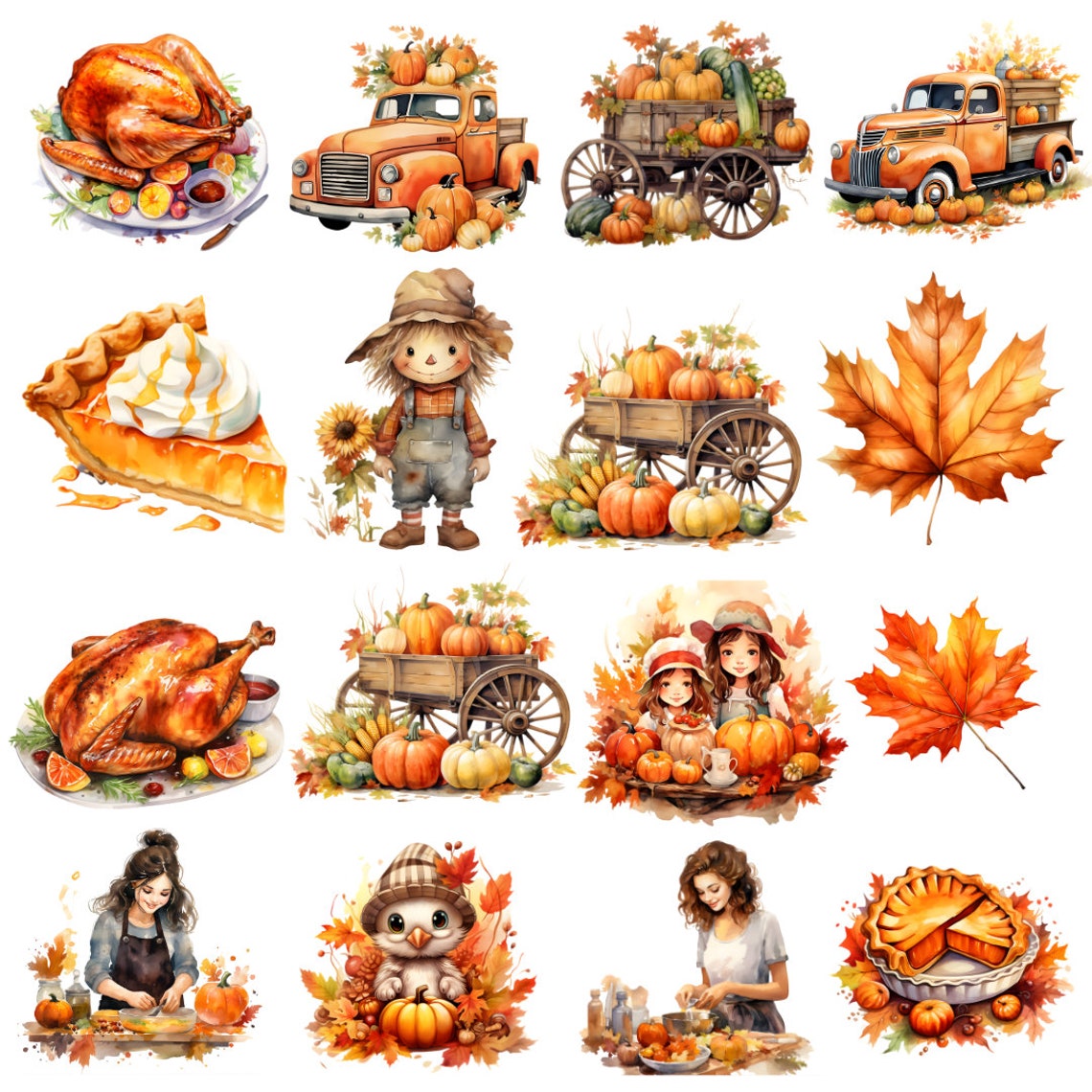 Thankful Fall Clipart Bundle, Thanksgiving PNG, Thanksgiving Watercolor ...